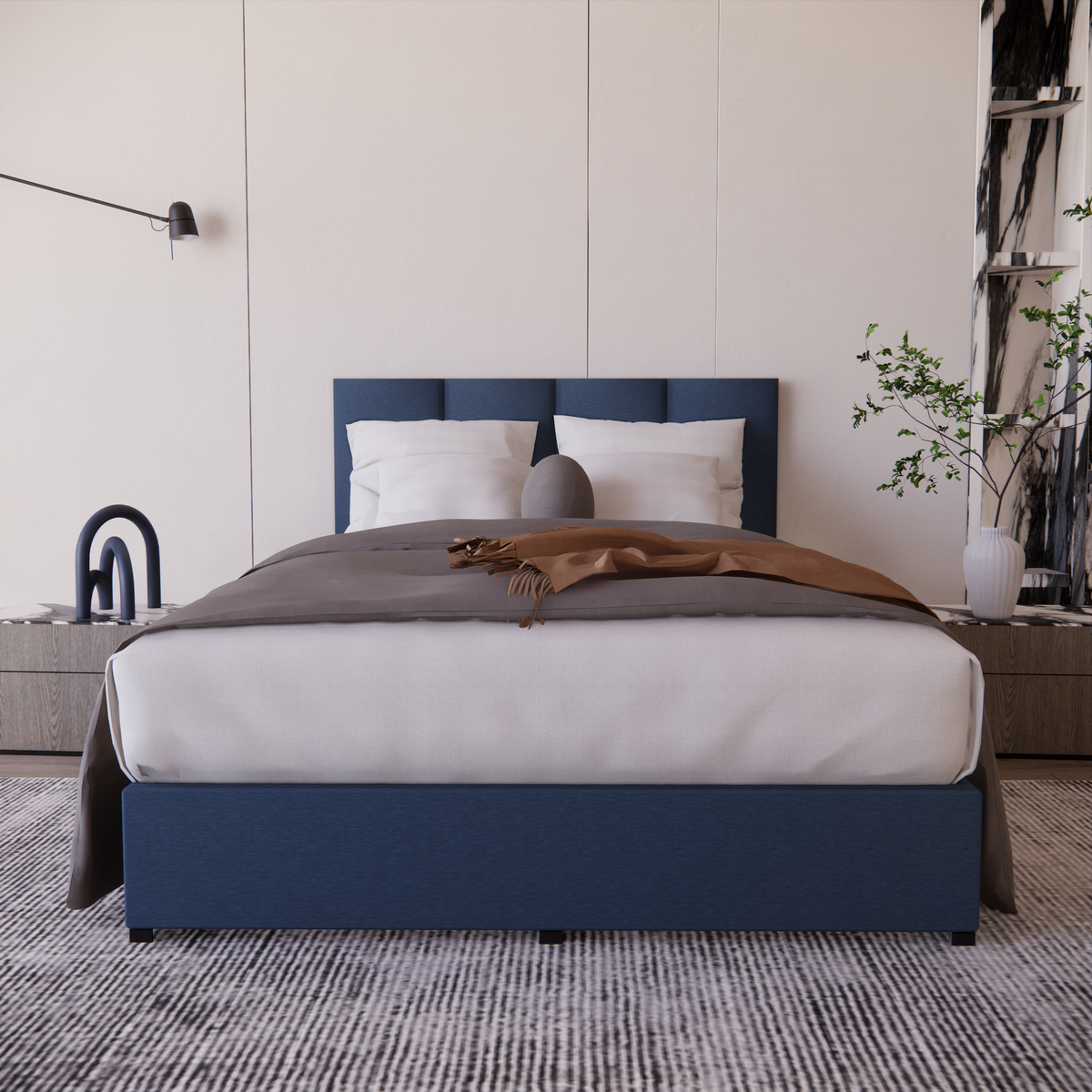 Recamara Armable Base Cama Box Cabecera Napoles Lino Azul - mobiliariocima